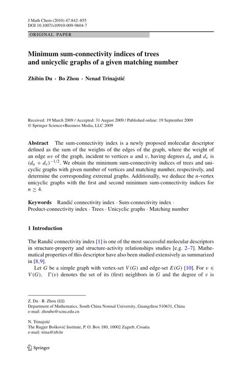 Pdf Minimum Sum Connectivity Indices Of Trees And Unicyclic Graphs Of