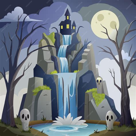 A Spooky Landscape Featuring A Haunted House Waterfall And Skulls