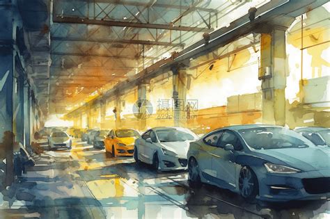 生产新能源汽车的汽车工厂的水彩画插画图片下载 正版图片600123129 摄图网
