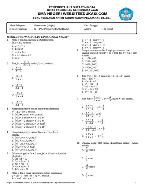 Soal Pat Kelas X Mtk Wajib Websiteedukasi Com Latihan 1 Soal Pat Mtk Wajib Kelas X K13 Pdf