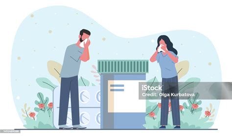 계절성 알레르기 재채기 여자와 남자는 손수건으로 코를 풀고 약물 옆에 꽃 피는 식물 앞에서 의료용 알약 만화 평면 격리 벡터