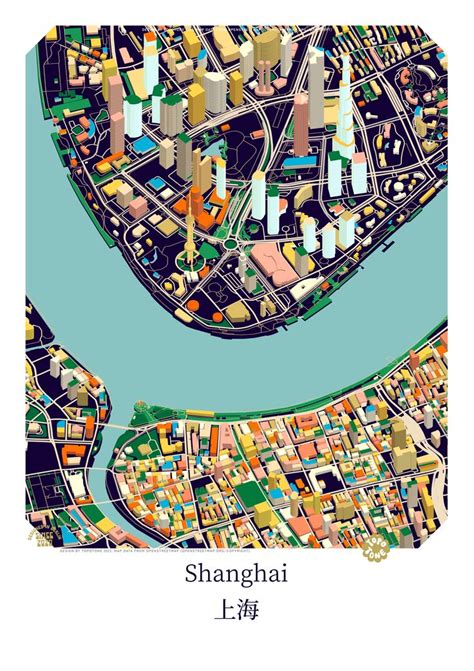 An Illustrated Map Of The City Of Shanghai China In Blue And Green