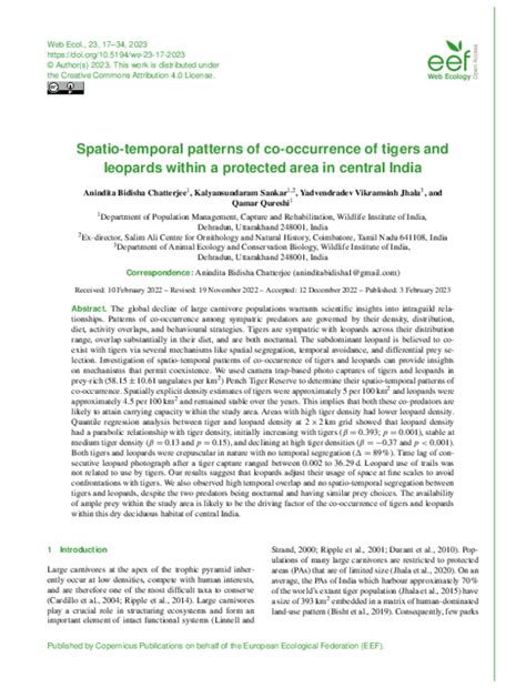 Pdf Spatio Temporal Patterns Of Co Occurrence Of Tigers And Leopards Within A Protected Area