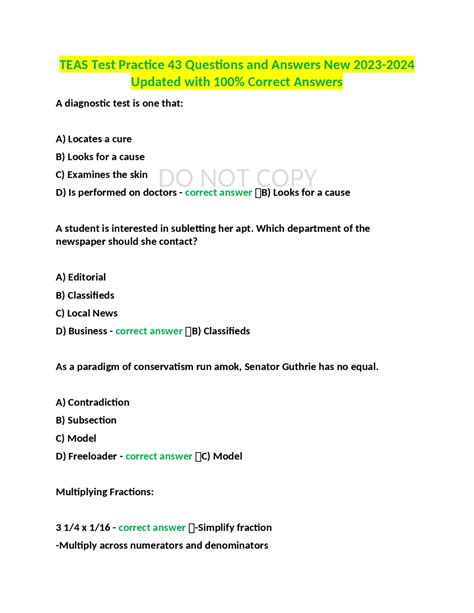 Teas Test Practice 43 Questions And Answers New 2023 2024 Updated With