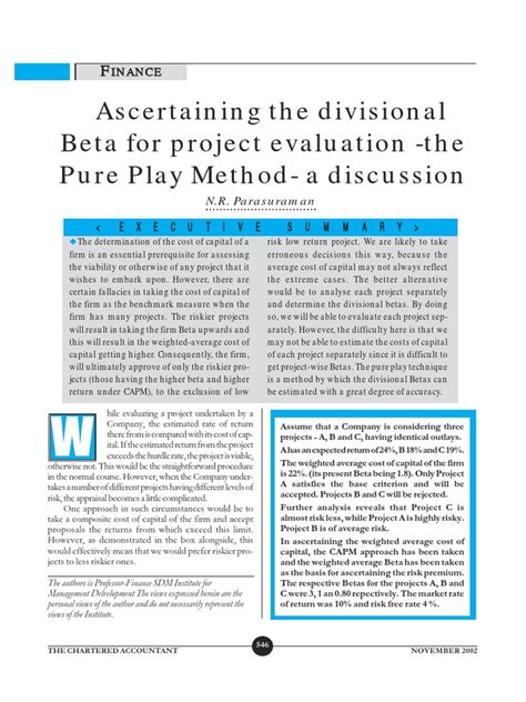 Pure Play Method Of Divisional Beta Ca 2002 Pdf Cost Of Capital