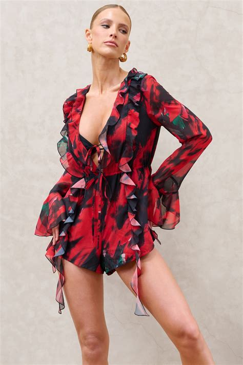 Sauvage Red And Black Floral Print Chiffon Ruffle Long Sleeve Playsuit