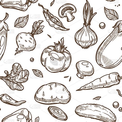 蔬菜 草图 四方连续纹样 素食 胡瓜 韭 清新 莴苣 食品 维生素素材 花瓣网