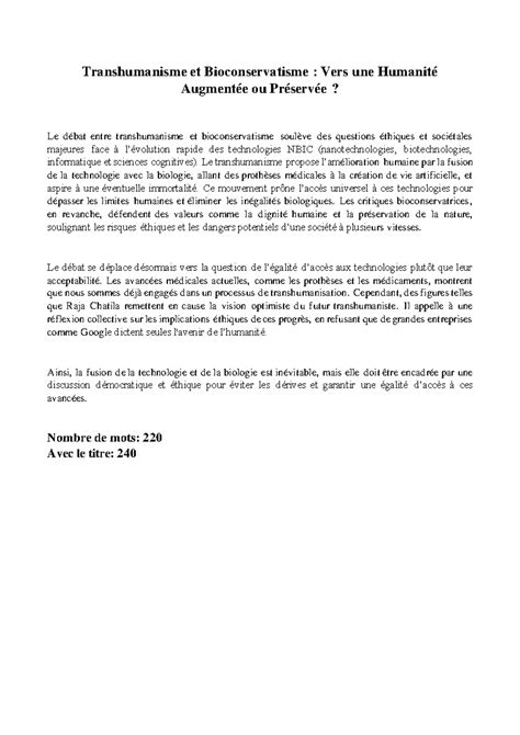 Transhumanisme Et Bioconservatisme Le Transhumanisme Propose Lamélioration Humaine Par La