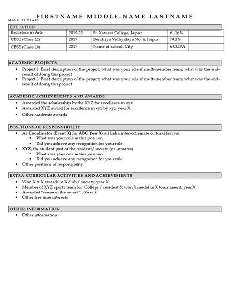 Sample Cv Format Pdf