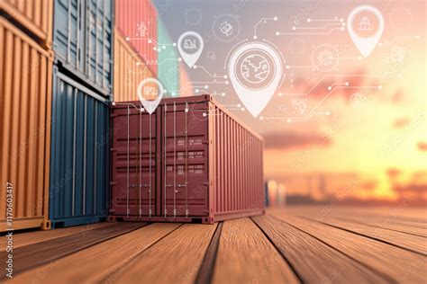 Shipping Container Logistics Port Digital Mapping Sunset Aerial View