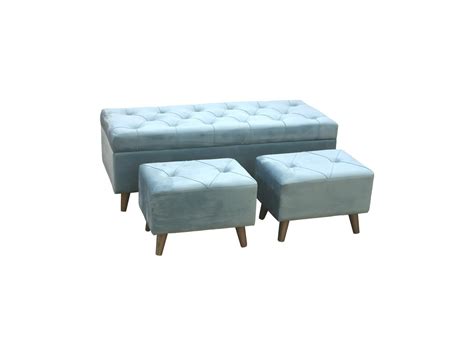 Set Baul Almacenaje Y Dos Puff 1214549 Terciopelo Azul Agua