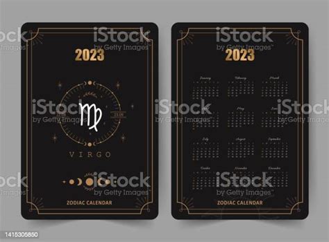 조디악 처녀자리 달력 2023 포켓 크기 앞면과 뒷면 주간은 일요일에 시작됩니다 점성술 벡터 템플릿을 인쇄 할 준비가되었습니다