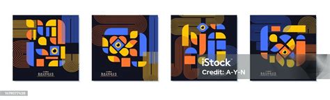 바우 하우스 스타일 전단지 세트 저널 매거진 앨범은 추상적인 기하학적 2d 모양과 눈으로 커버합니다 간단한 다채로운 형태의 배너 컬렉션 템플릿 검은 배경에 벡터 카드