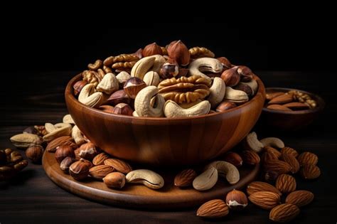 Premium Photo Set Of Different Nuts On Dark Background