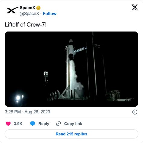 SpaceX与美国国家航空航天局共同向太空发射Crew 7载人任务 SpaceX cnBeta