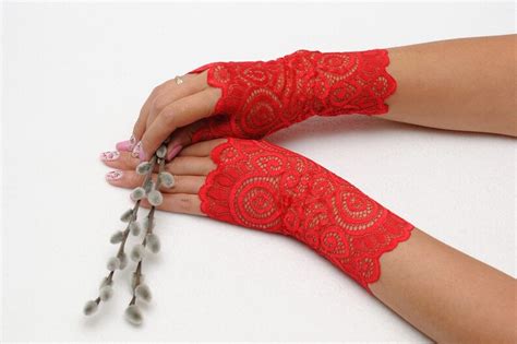 Womens Gloves Romantic Fingerless Gloves Red Lace Gloves Petagadget