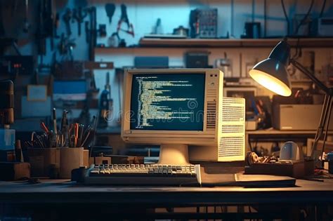 Vintage Computer Showing Code In A Workshop Setting Stock Illustration Illustration Of