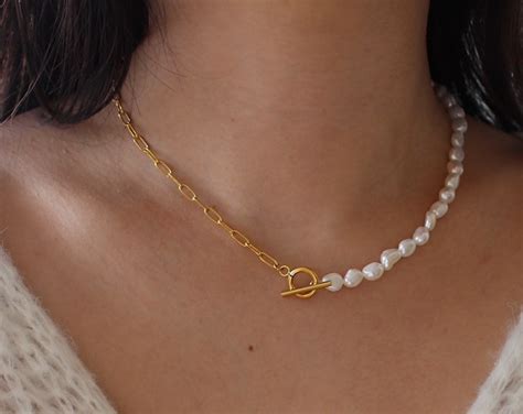 Toggle Clasp Pearl Chain Necklace Gold Toggle Necklace Pearl Choker