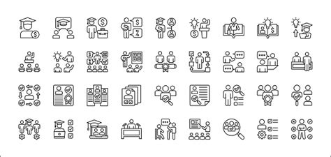 비즈니스 직원 코칭 아이콘입니다 비즈니스 교육 아이콘 세트입니다 관리 교육 멘토링 전문가 자격 자격을 갖춘 작업자 학습 선발의 상징이 포함되어 있습니다 벡터 일러스트 레이