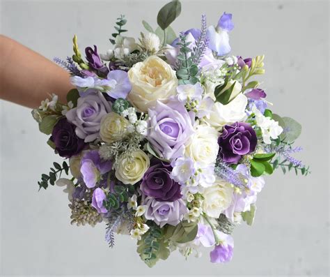 Faux Lilac Lavender Purple Flowers Bridal Bouquet Real Touch Roses