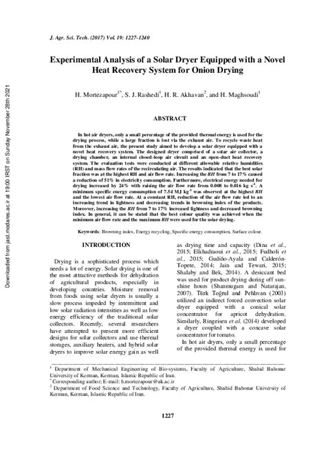 Pdf Experimental Analysis Of A Solar Dryer Equipped With A Novel Heat