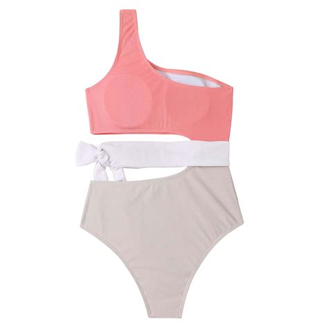 Womens Sexy One Shoulder 1 Piece Swimwear Color Matching Knotbow