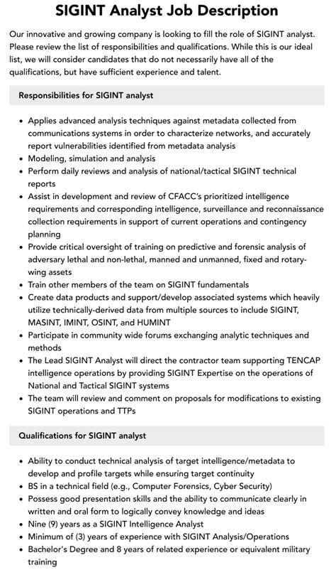 Sigint Analyst Job Description Velvet Jobs