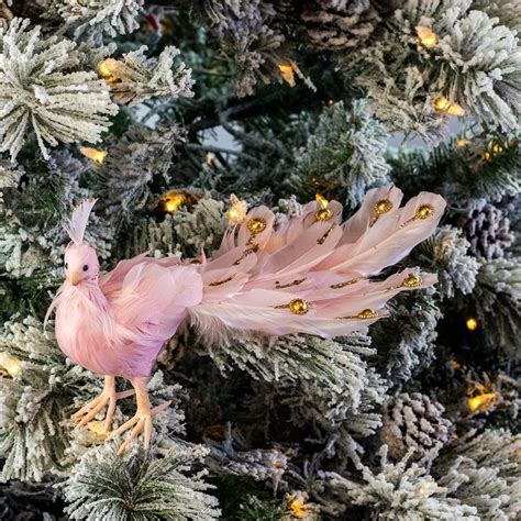 Rose Gold Feather Peacock Ornament With Glitter Accents For Christmas