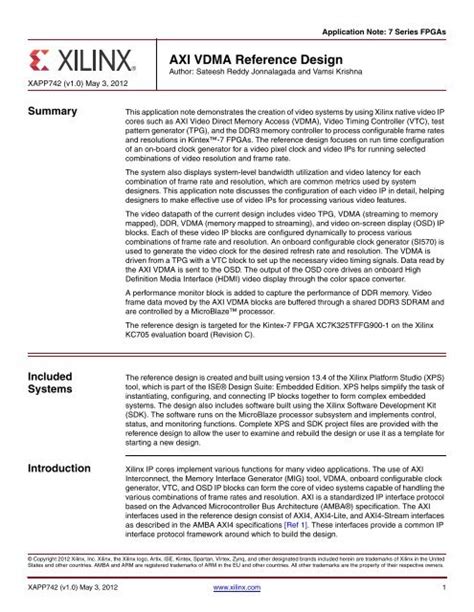 Xilinx XAPP742 AXI VDMA Reference Design Application EEWeb