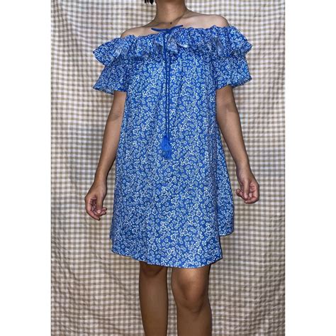 Jual Blue Floral Off Shoulder Minidress Seed Defect Shopee Indonesia