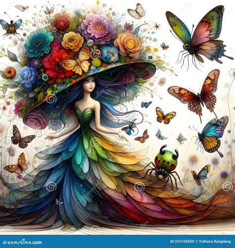 A Bizarre Image With A Female Pixie Wearing A Very Large Flower Hat With Butterflies On It
