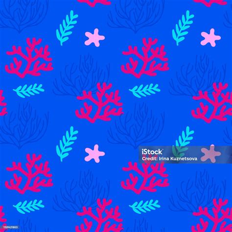 ベクトルイラストサンゴや海藻と海のシームレスなパターン青ピンク赤の背景 いたずら書きのベクターアート素材や画像を多数ご用意