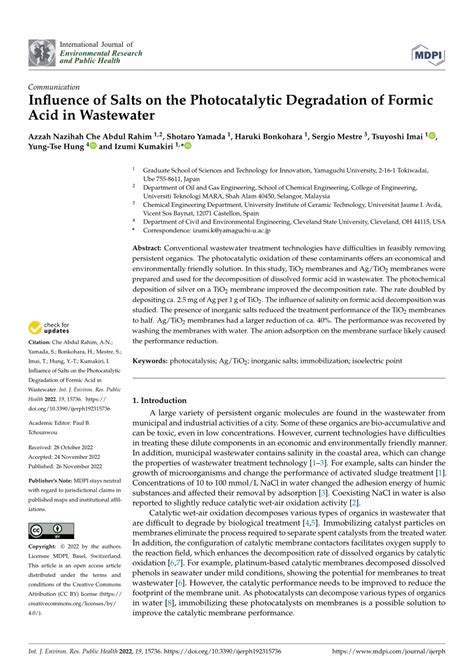 Pdf Influence Of Salts On The Photocatalytic Degradation Of Formic