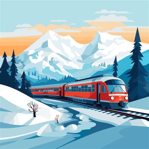Premium Vector Train Passing Through Snow Mountain Illustration