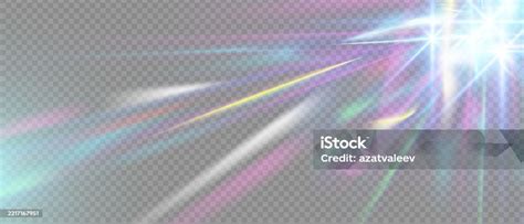 무지개 빛깔의 빛 플레어와 프리즘 굴절과 무지개 빛 추상적인 크리스탈 빔 반짝이는 스플래시 환상적인 눈부심 홀로그램 그라디언트 및 마법 같은 만화경 효과가 있는 3d 벡터