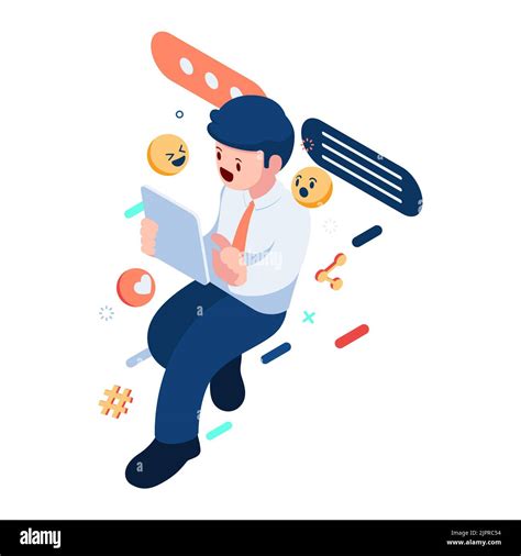 Flat 3d Isometric Businessman Using Social Media On Tablet Social