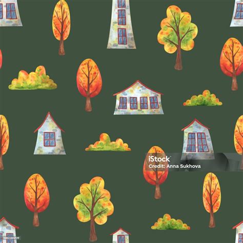 가을 도시의 거리 집과 떨어지는 나무가있는 녹색 원활한 패턴 직물 직물 및 종이장식 인쇄물 어린이 수채화 일러스트가 있는 끝없는