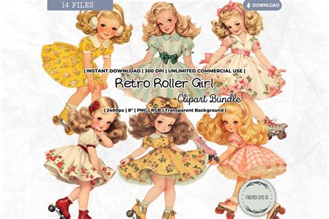 Retro Roller Girl Clipart Old School Skater Skating Vintage Paper