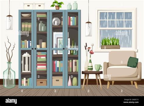 Room Interior With Blue Bookcases An Armchair And Rain Outside The
