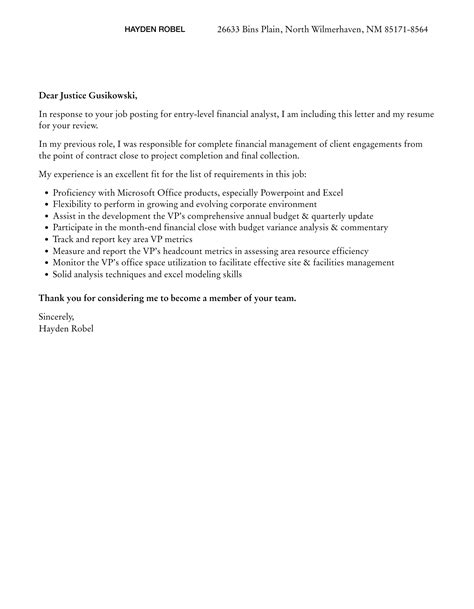 Entry Level Financial Analyst Cover Letter Velvet Jobs