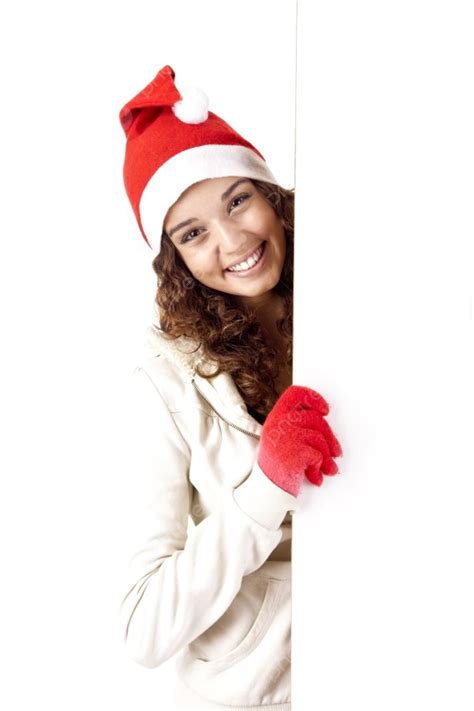 Cute Christmas Girl Grabbing A Placard Over White Photo Background And
