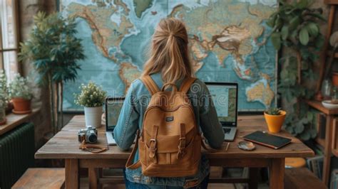 Female Travelogue With Map And Laptop On Table Stock Illustration