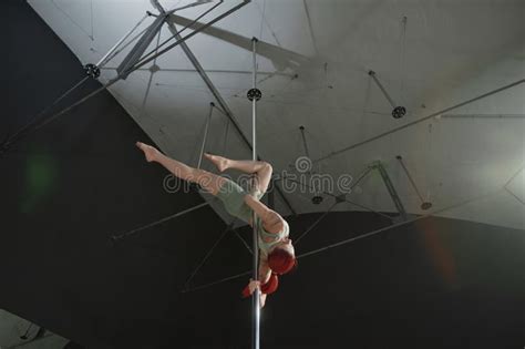 Woman On Pole In Bridged Outside Leg Hang Stock Image Image Of Woman
