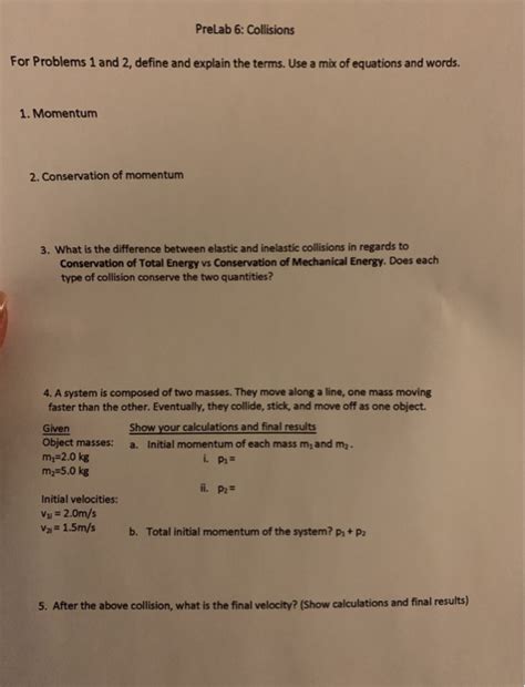 Solved PreLab 6 Collisions For Problems 1 And 2 Define And Chegg Com