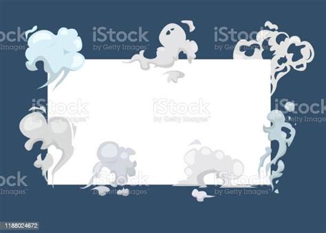 연기 구름 안개와 증기 만화 프레임 벡터 일러스트레이션 파란색 배경에 텍스트에 대 한 흰색 프레임 주위 흰색과 회색 연기 경례에 대한 스톡 벡터 아트 및 기타 이미지