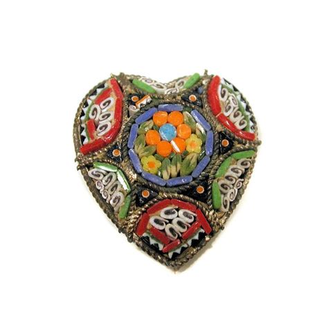 Vintage Millefiori Heart Brooch Italian Micro Mosaic Glass Pin Heart