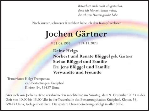 Traueranzeigen Von Jochen Gärtner Sich Erinnernde