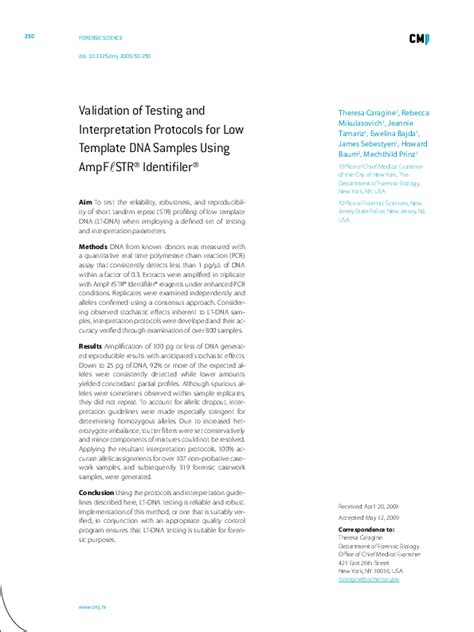 Pdf Validation Of Testing And Interpretation Protocols For Low Template Dna Samples Using