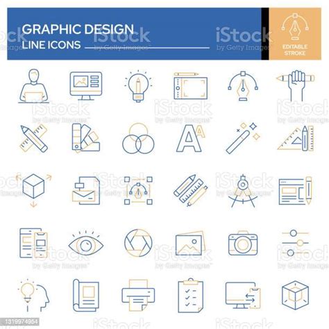 그래픽 디자인 관련 라인 아이콘 집합입니다 윤곽 선자 모음 편집 가능한 스트로크 0명에 대한 스톡 벡터 아트 및 기타 이미지