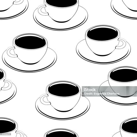 컵 커피 개요 완벽 한 패턴 벡터 배경 그림 물감 스케치 컨투어 드로잉 나뭇결 무늬에 대한 스톡 벡터 아트 및 기타 이미지